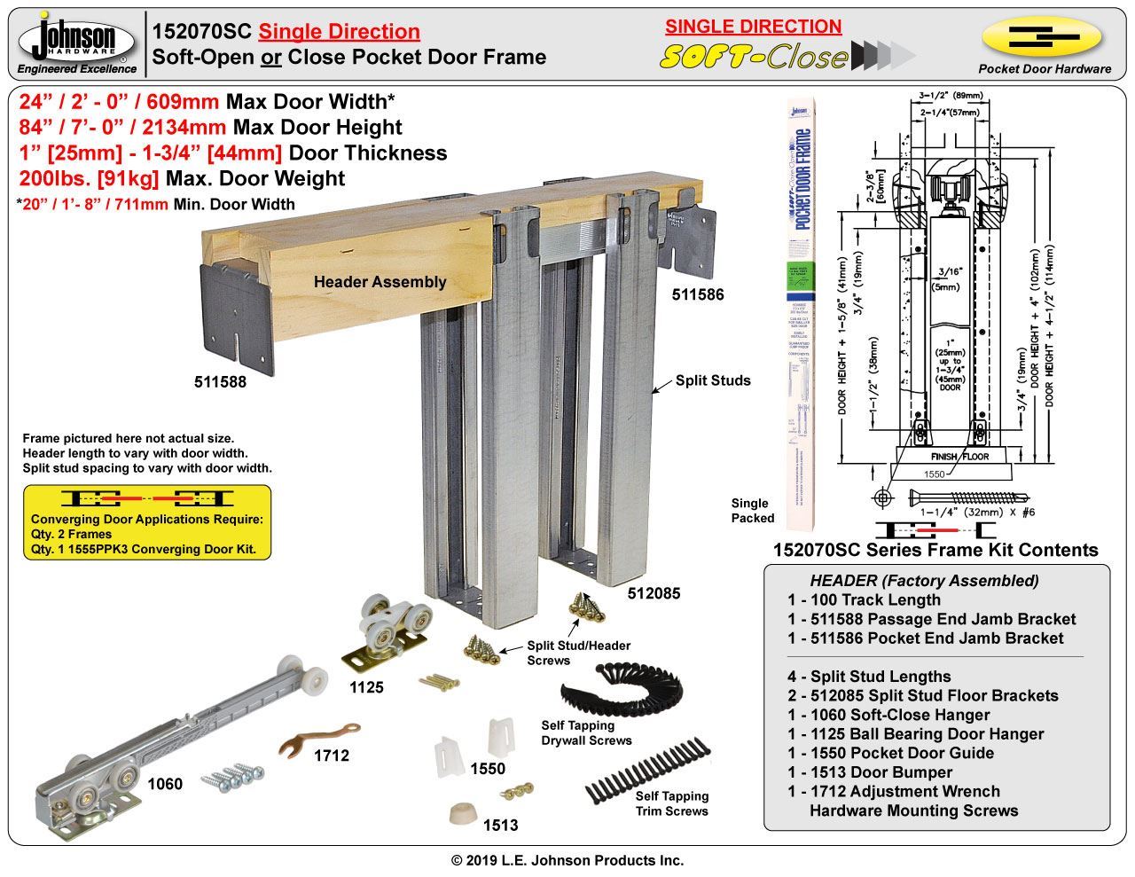 1500SC Series 24" x 84" Single Direction Soft-Close Pocket Door Frame ...